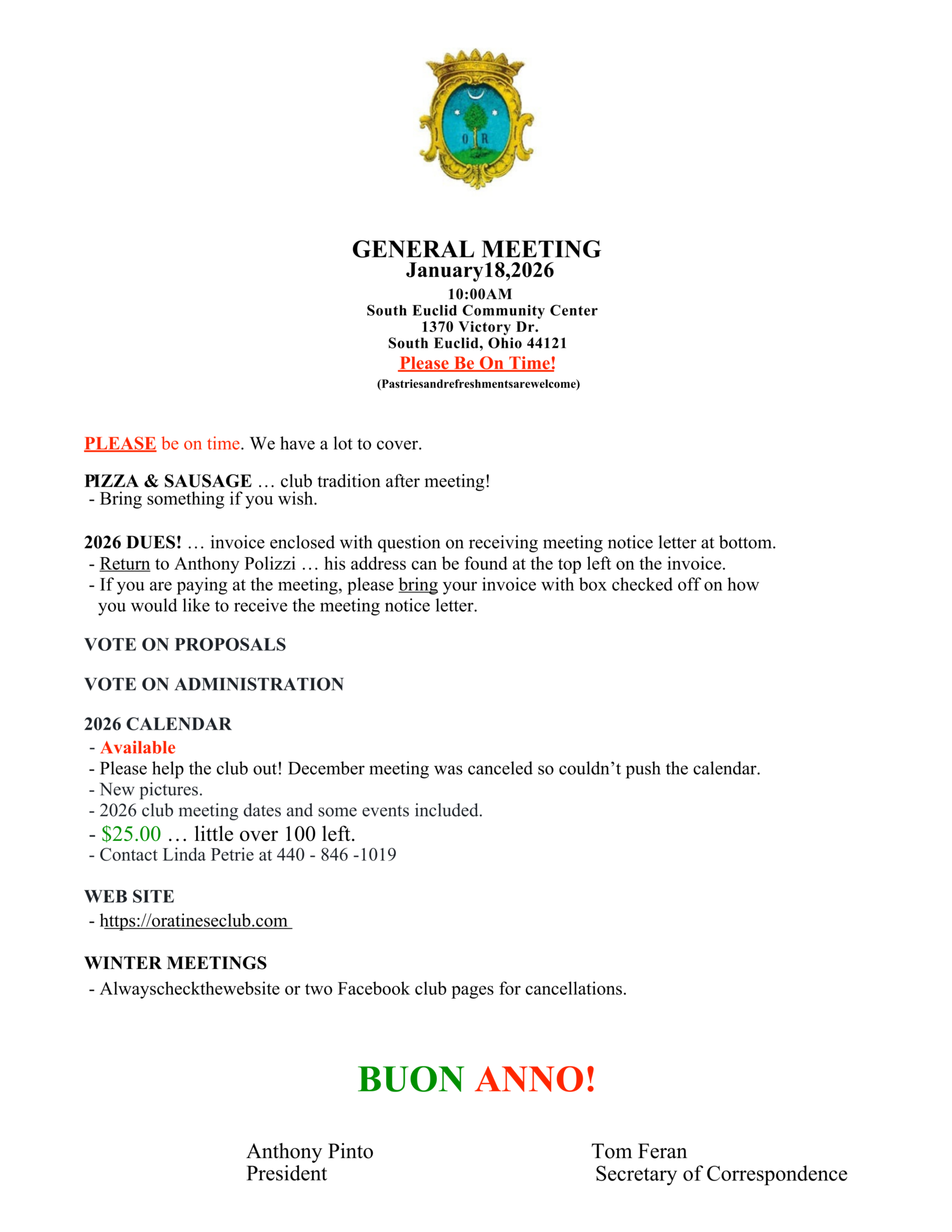 January 2026 Meeting Notice – Unione E Fratellanza Oratinese